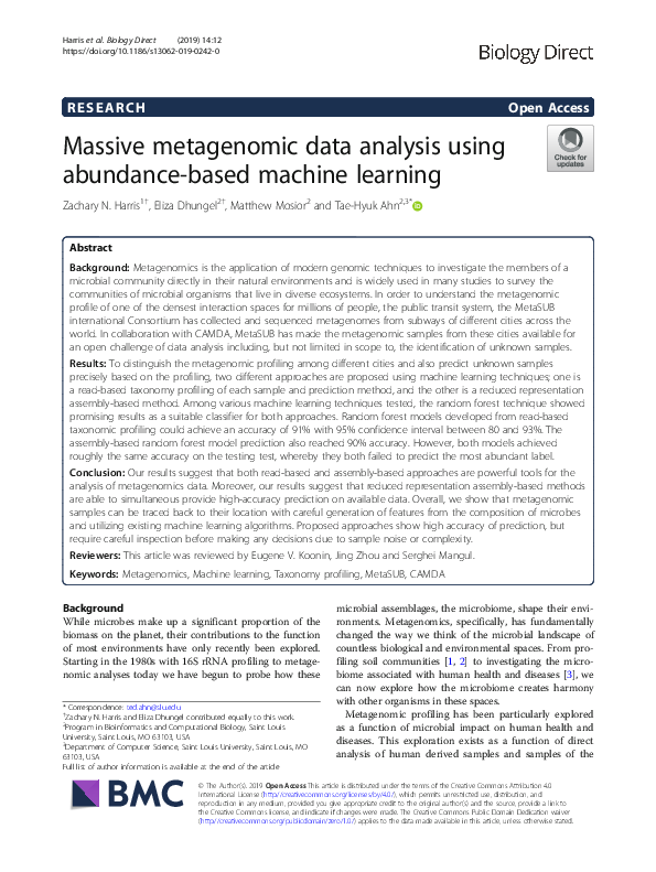 (PDF) Massive metagenomic data analysis using abundance-based machine learning