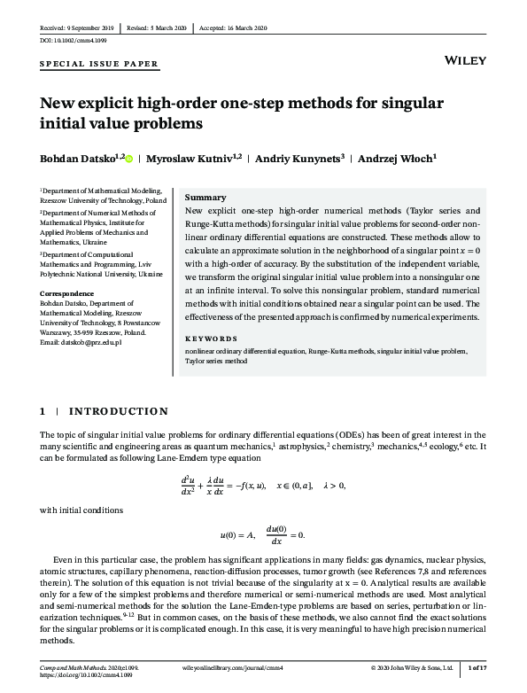 (PDF) New explicit high‐order one‐step methods for singular initial value problems
