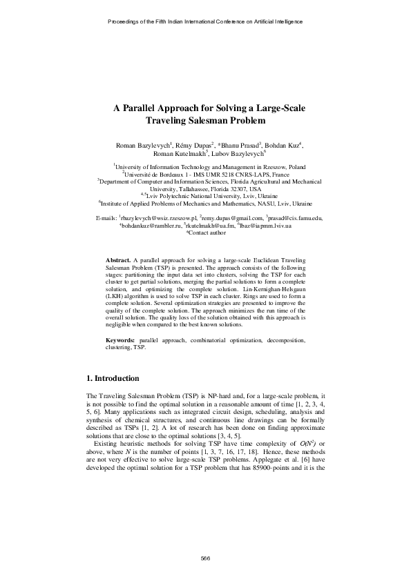 Pdf A Parallel Approach For Solving A Large Scale Traveling Salesman Problem