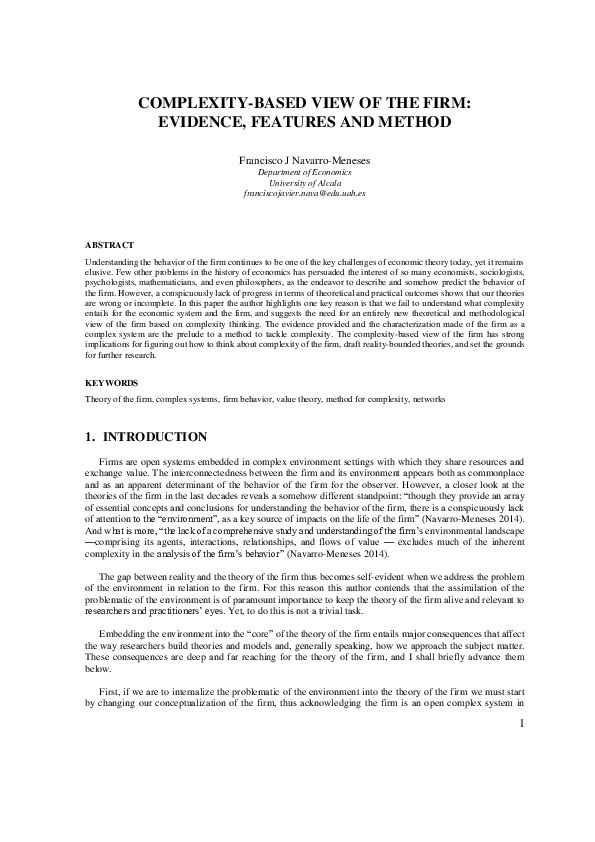(PDF) Complexity-Based View of the Firm: Evidence, Features and Method