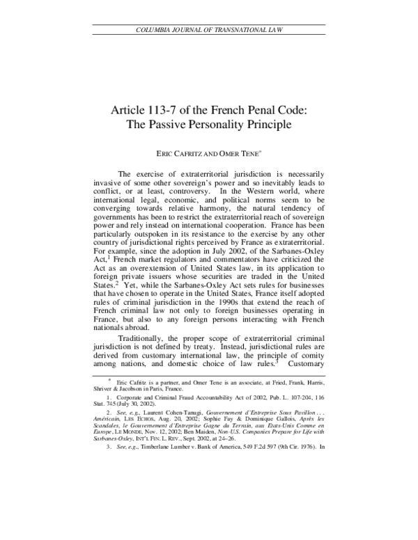 (PDF) Article 113-7 of the French Penal Code: The Passive Personality ...