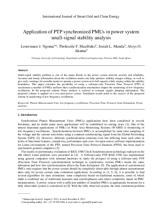 (PDF) Application of PTP synchronized PMUs in power system small-signal stability analysis ...