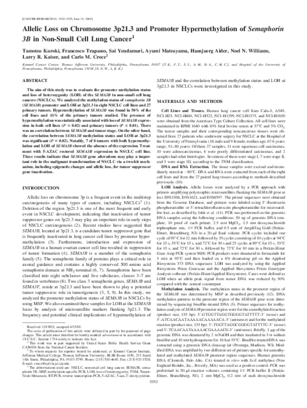 (PDF) Allelic Loss on Chromosome 3p21.3 and Promoter Hypermethylation ...