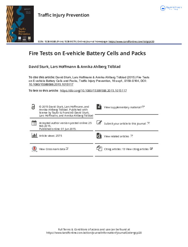 (PDF) Fire tests on E-vehicle Battery Cells and Packs