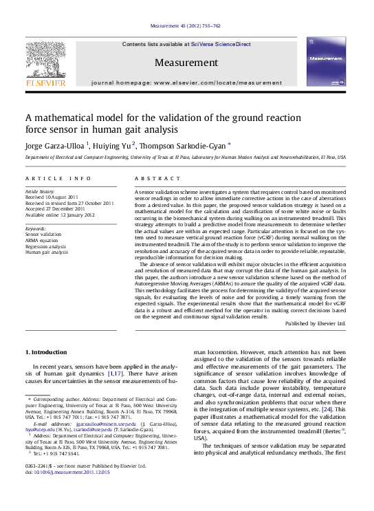 Pdf A Mathematical Model For The Validation Of The Ground Reaction Force Sensor In Human Gait