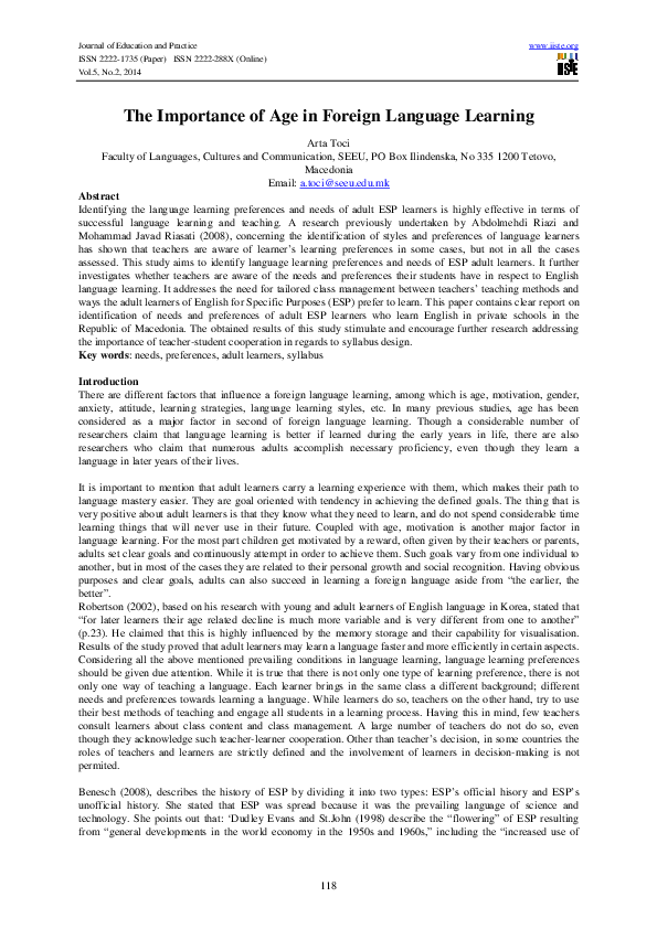 (PDF) The Importance of Age in Foreign Language Learning | Arta Toci ...