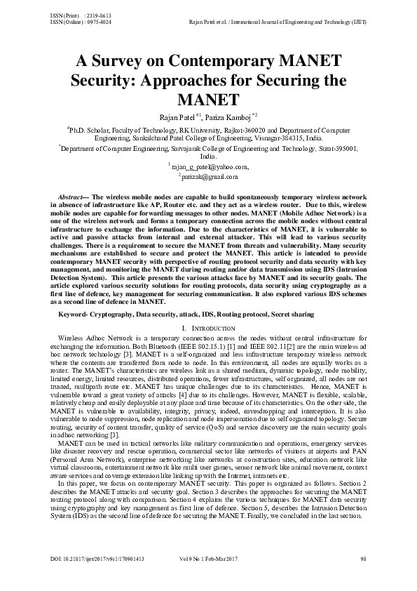 Pdf A Survey On Contemporary Manet Security Approaches For Securing