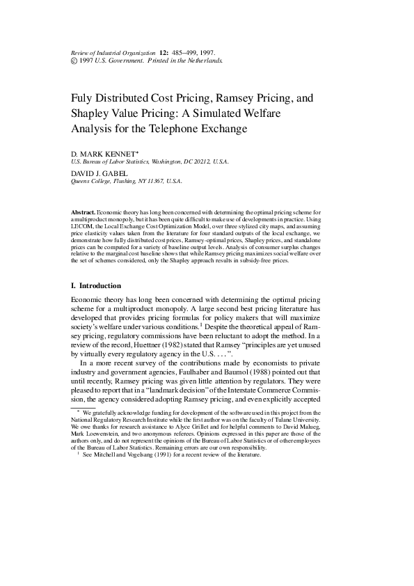 (PDF) Fuly Distributed Cost Pricing, Ramsey Pricing, and Shapley Value Pricing: A Simulated ...