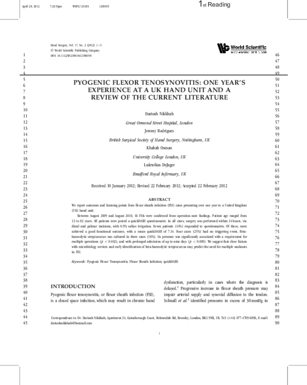 (PDF) Pyogenic flexor tenosynovitis: one year's experience at a UK hand ...