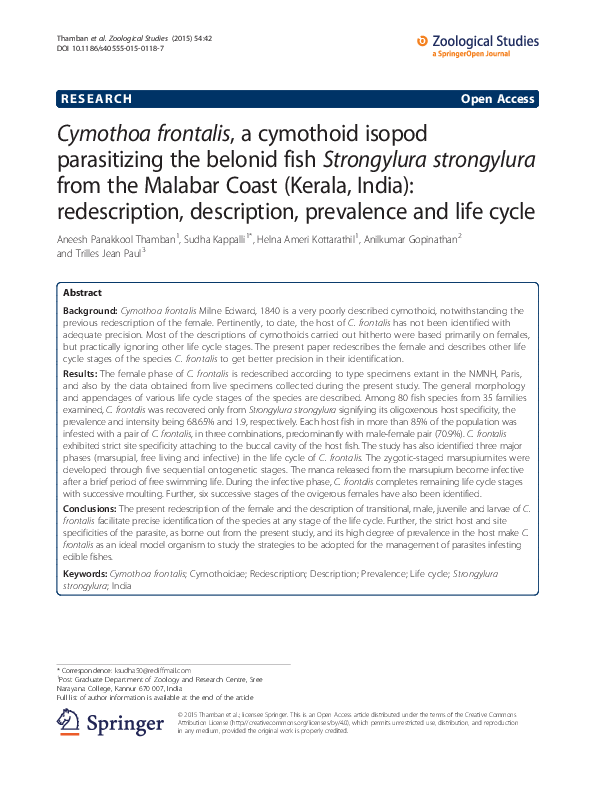 (PDF) Cymothoa frontalis, a cymothoid isopod parasitizing the belonid ...