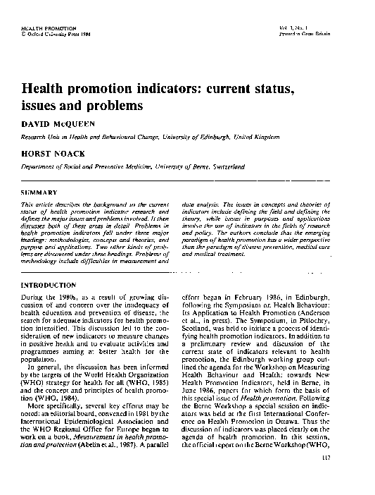 (PDF) Health promotion indicators: current status, issues and problems