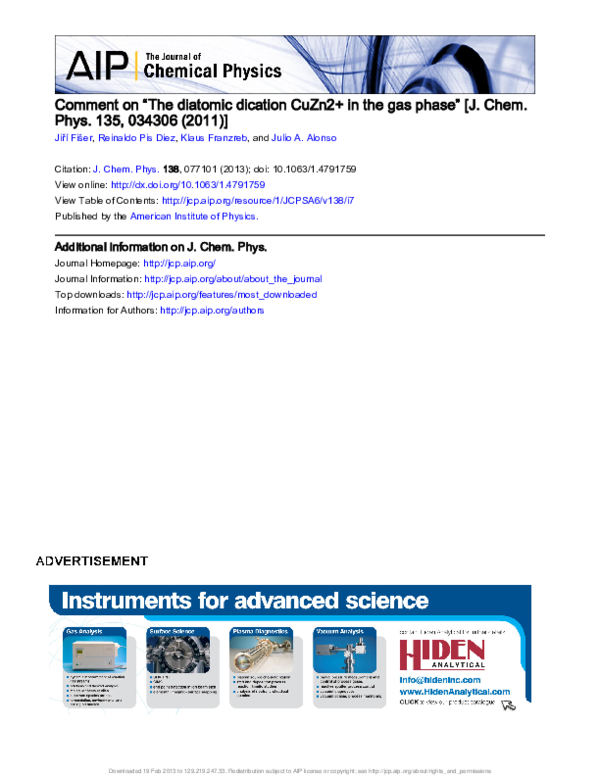(PDF) Comment on “The diatomic dication CuZn2+ in the gas phase” [J. Chem. Phys. 135, 034306 (2011)]