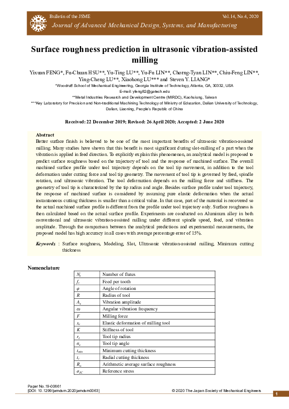 Pdf Surface Roughness Prediction In Ultrasonic Vibration Assisted Milling