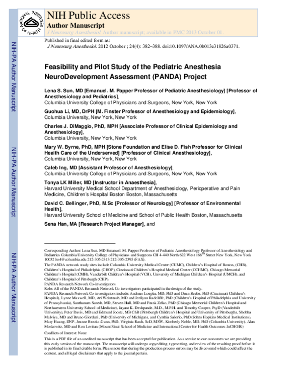 (PDF) Feasibility and Pilot Study of the Pediatric Anesthesia ...