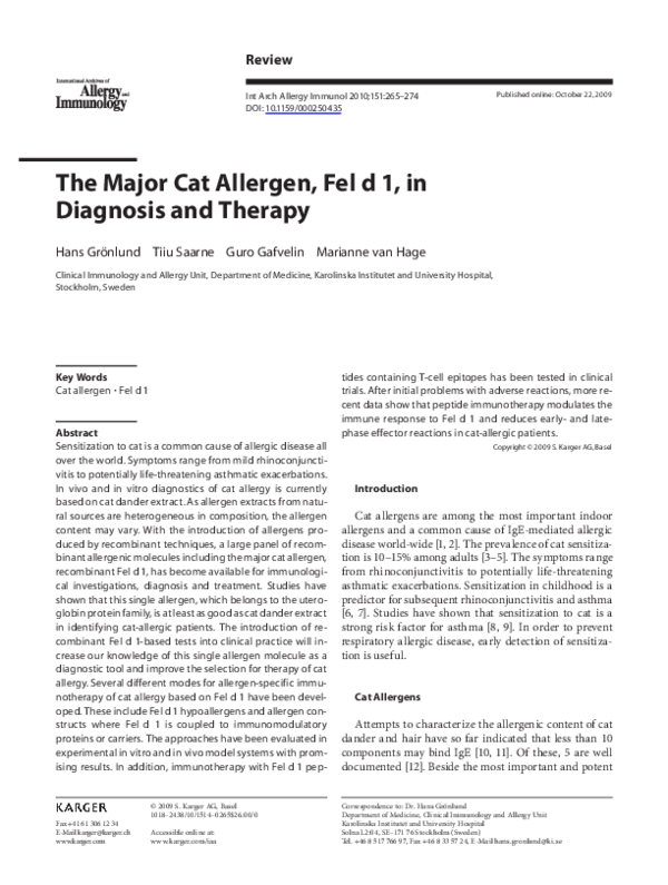 (PDF) The Major Cat Allergen, Fel d 1, in Diagnosis and Therapy