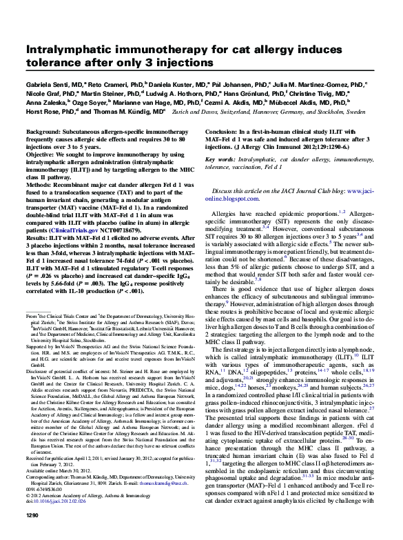 (PDF) Intralymphatic immunotherapy for cat allergy induces tolerance ...