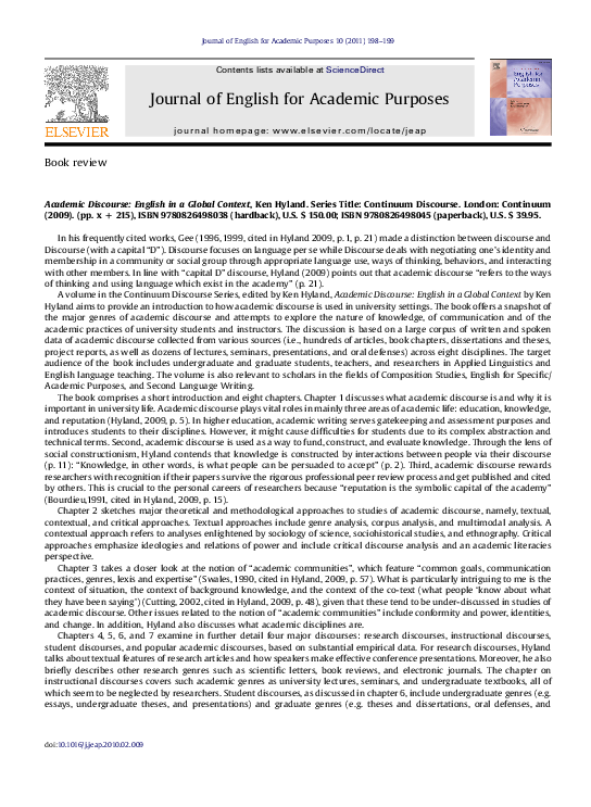 (PDF) Academic discourse: English in a global context