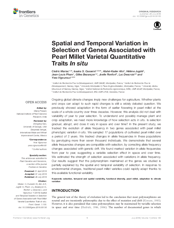 (PDF) Spatial and Temporal Variation in Selection of Genes Associated with Pearl Millet Varietal ...
