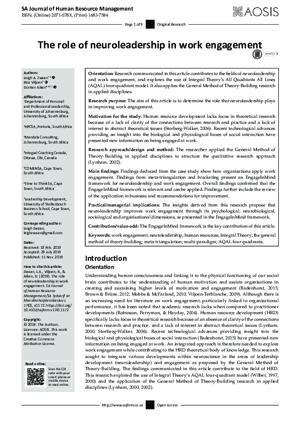 (PDF) The role of neuroleadership in work engagement