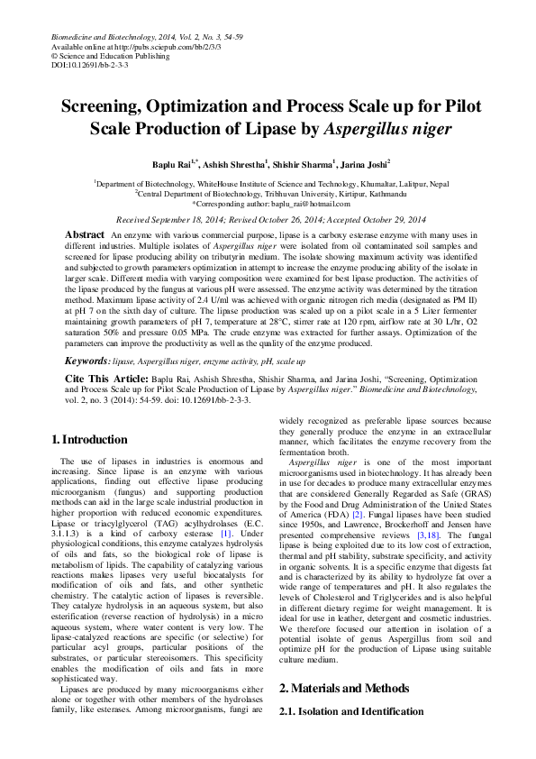 (PDF) Screening, Optimization and Process Scale up for Pilot Scale ...
