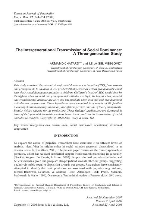 (PDF) The intergenerational transmission of social dominance: A three ...