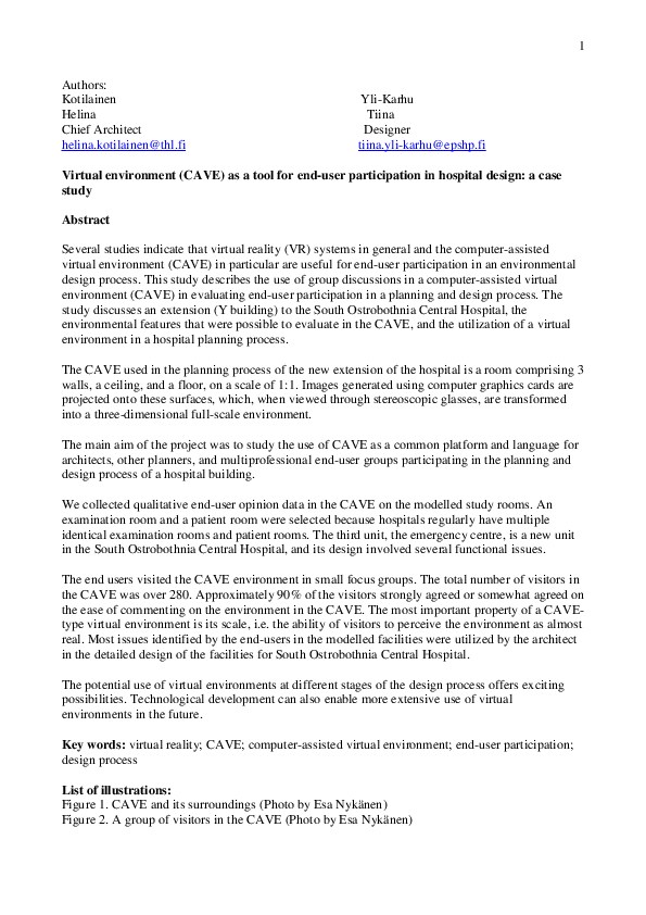 (PDF) Virtual environment (CAVE) as a tool for end-user participation ...