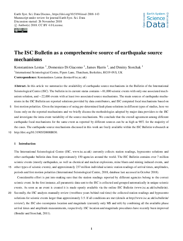 (PDF) The ISC Bulletin as a comprehensive source of earthquake source ...