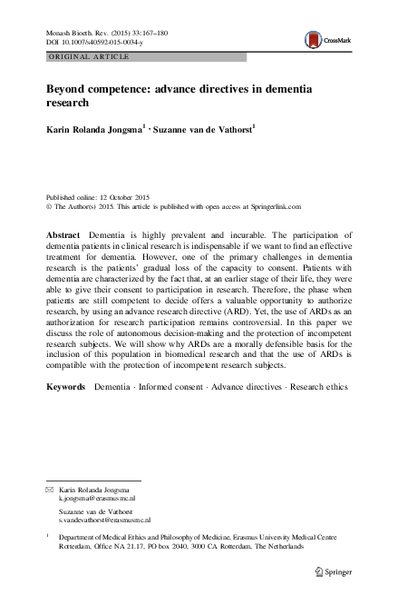 (PDF) Beyond competence: advance directives in dementia research