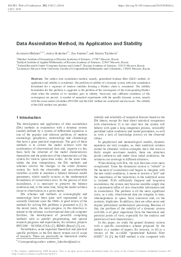 (PDF) Data Assimilation Method, its Application and Stability