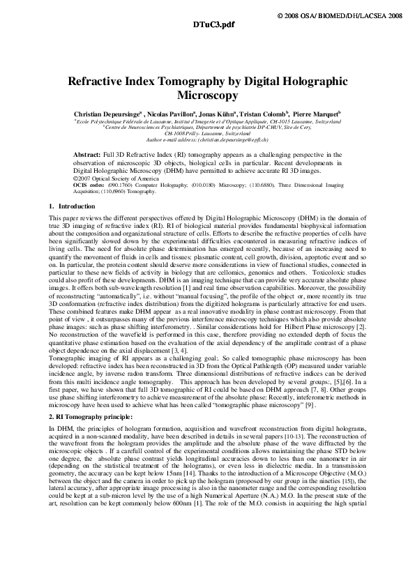 (PDF) Refractive Index Tomography by Digital Holographic Microscopy