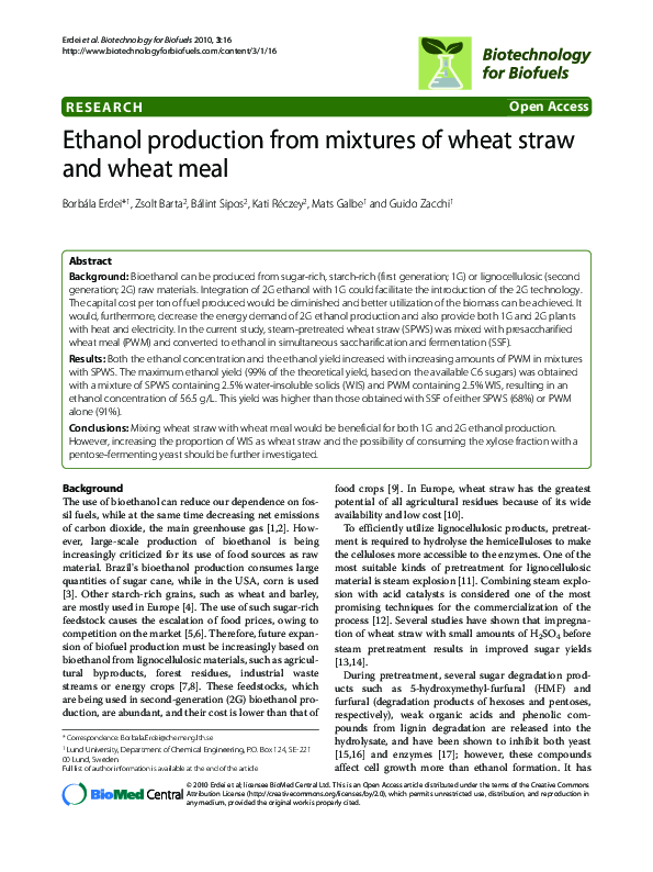 (PDF) Ethanol production from mixtures of wheat straw and wheat meal