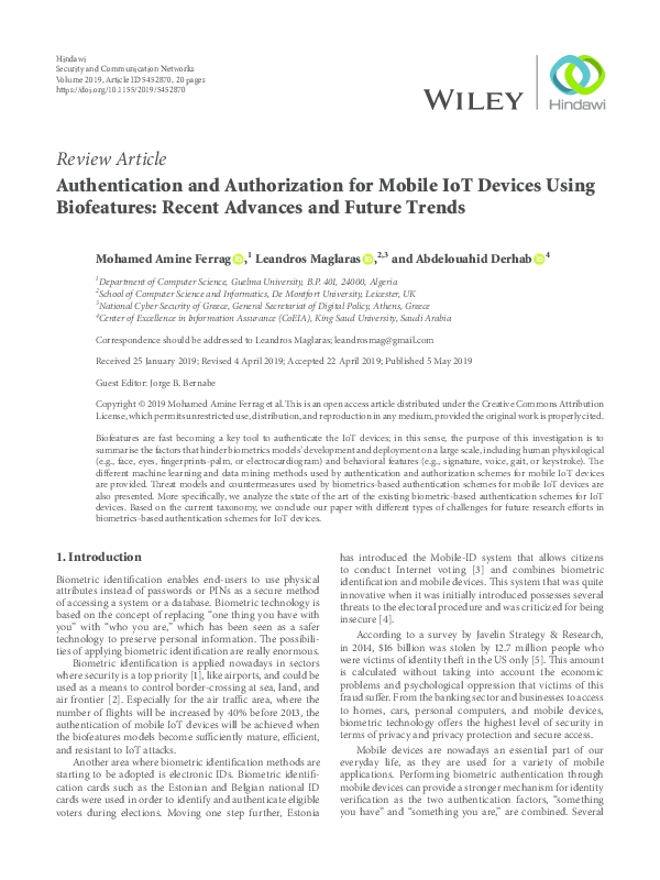 (PDF) Authentication and Authorization for Mobile IoT Devices Using Biofeatures: Recent Advances ...