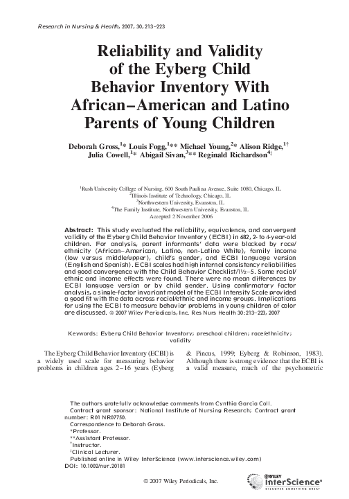 (PDF) Reliability and validity of the eyberg child behavior inventory ...