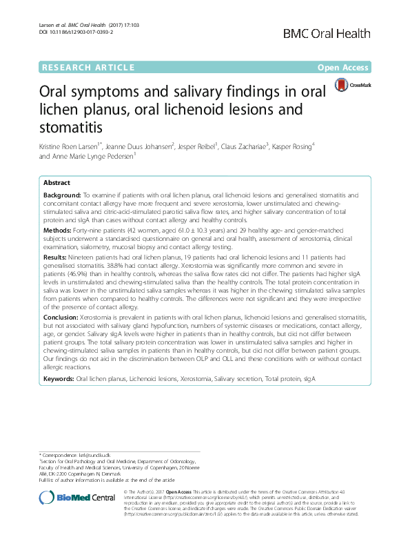 (PDF) Oral symptoms and salivary findings in oral lichen planus, oral lichenoid lesions and ...