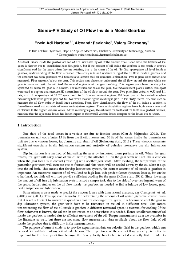 (PDF) Stereo-PIV Study of Oil Flow Inside a Model Gearbox
