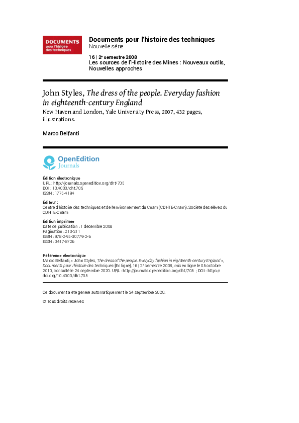 (PDF) John Styles, The dress of the people. Everyday fashion in ...