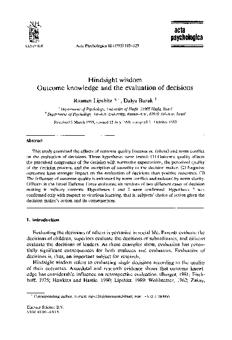 (PDF) Hindsight wisdom outcome knowledge and the evaluation of decisions