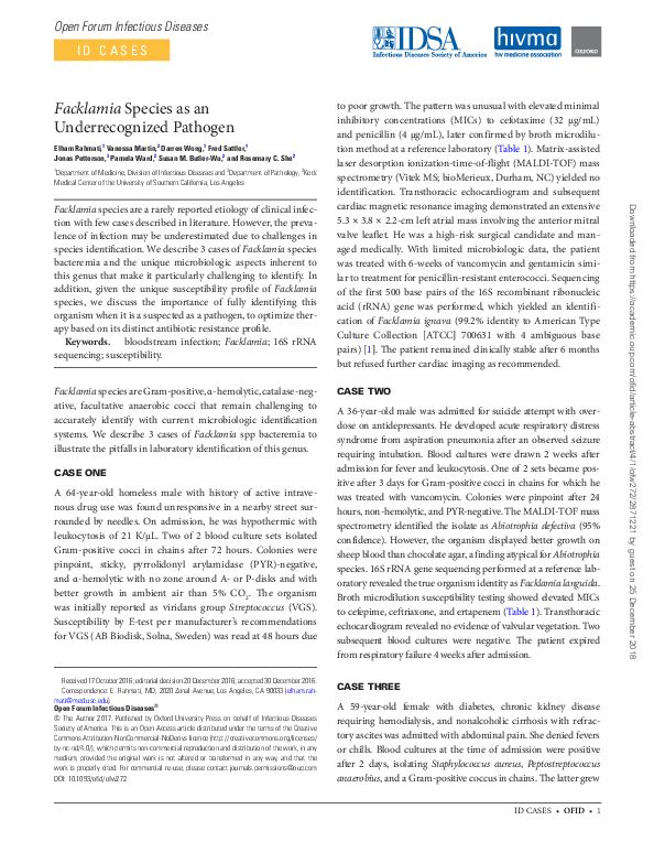 (PDF) Facklamia species as an under-recognized pathogen