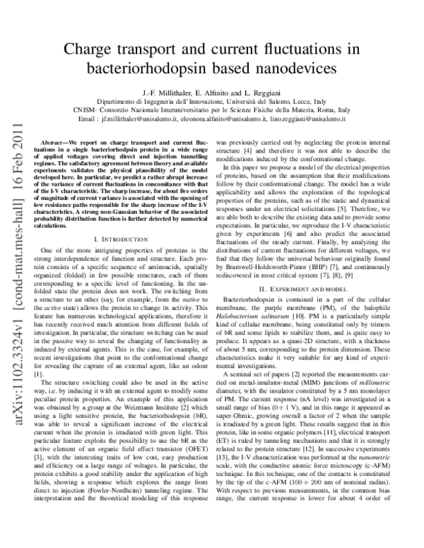 (PDF) Charge transport and current fluctuations in bacteriorhodopsin based nanodevices