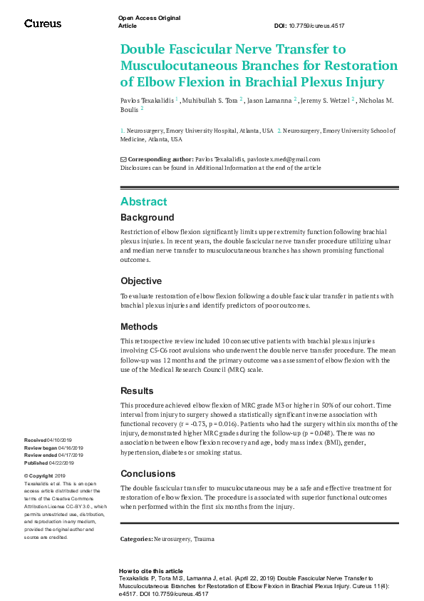 (PDF) Double Fascicular Nerve Transfer to Musculocutaneous Branches for ...