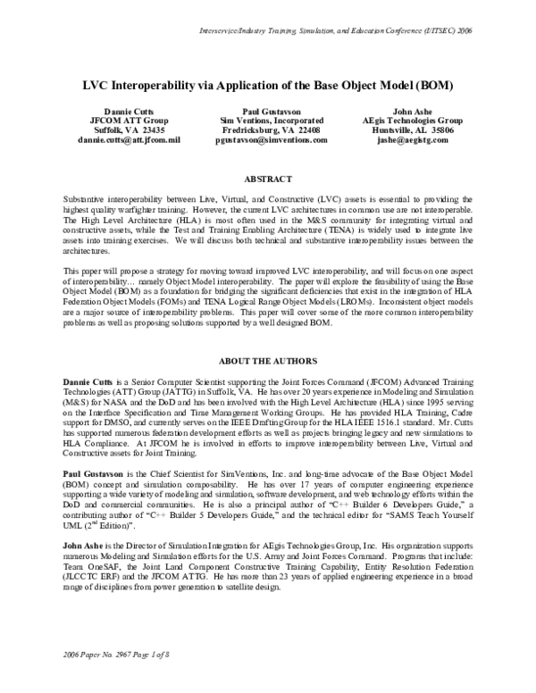 (PDF) LVC Interoperability via Application of the Base Object Model (BOM)
