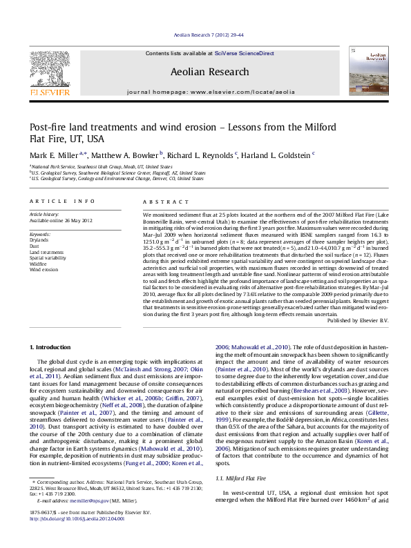 (PDF) Post-fire land treatments and wind erosion – Lessons from the ...