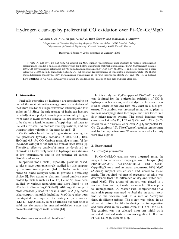 (PDF) Hydrogen Clean-up by Preferential CO Oxidation over Pt–Co–Ce/MgO