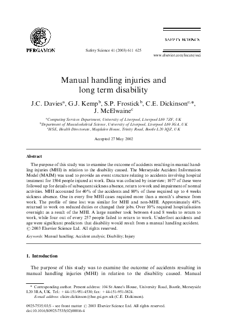 (PDF) Manual handling injuries and long term disability