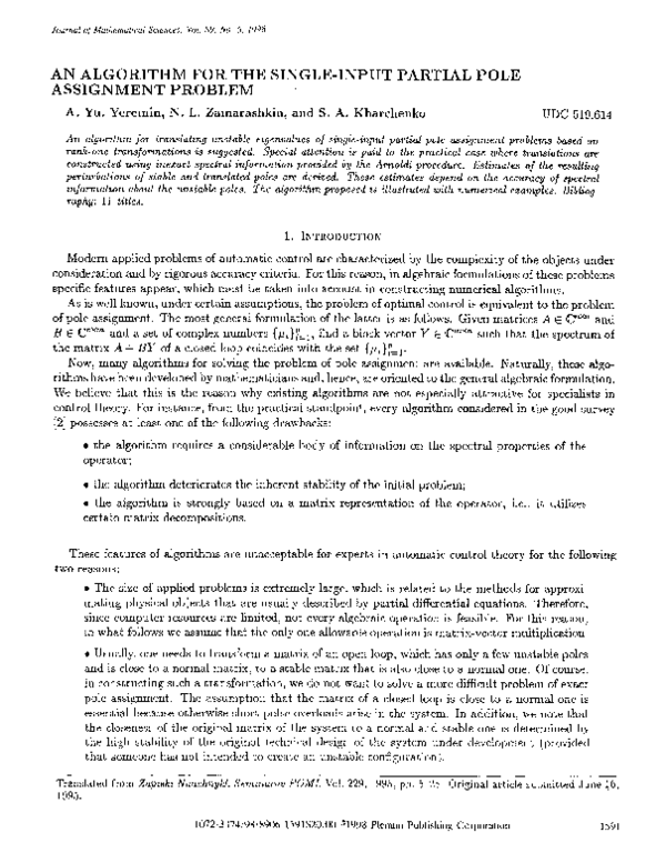 (PDF) An algorithm for the single-input partial pole assignment problem