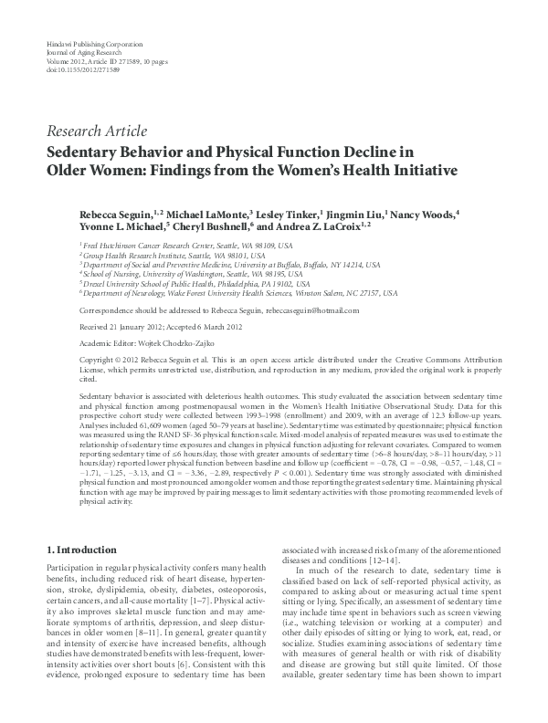 (PDF) Sedentary Behavior and Physical Function Decline in Older Women: Findings from the Women's ...
