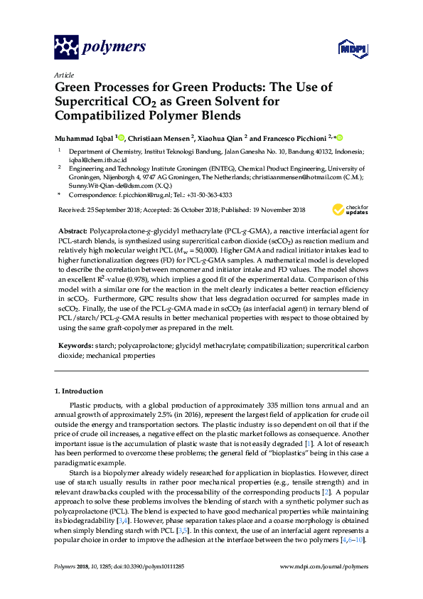 (PDF) Green Processes for Green Products: The Use of Supercritical CO2 ...