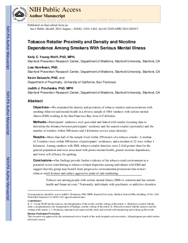 (PDF) Tobacco Retailer Proximity and Density and Nicotine Dependence ...