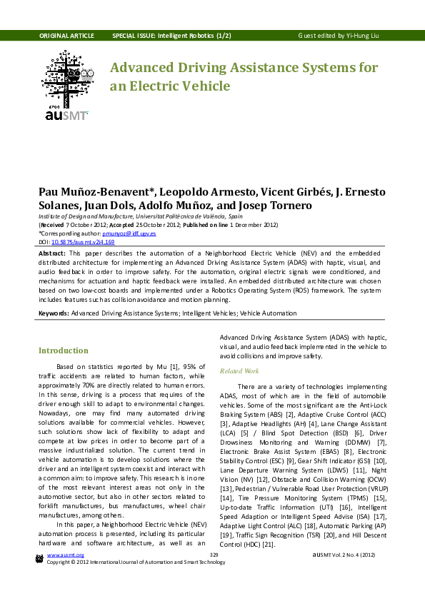(PDF) Advanced Driving Assistance Systems for an Electric Vehicle