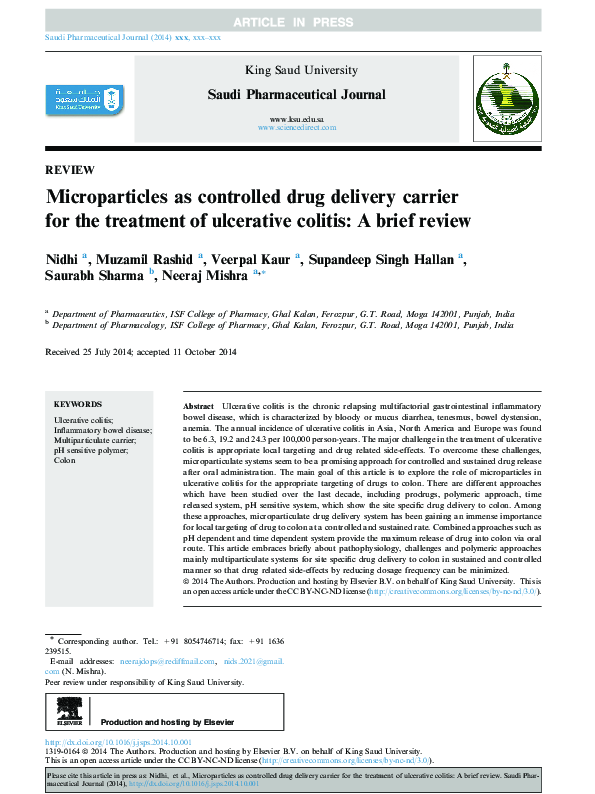 (PDF) Microparticles as controlled drug delivery carrier for the treatment of ulcerative colitis ...